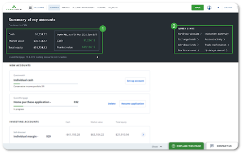 The account summary page