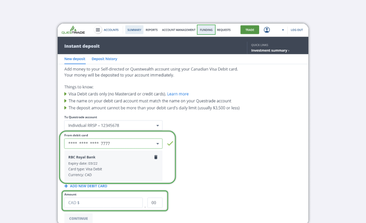 Instant deposit | Fund your account instantly | Questrade