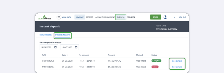 Instant deposit | Fund your account instantly | Questrade